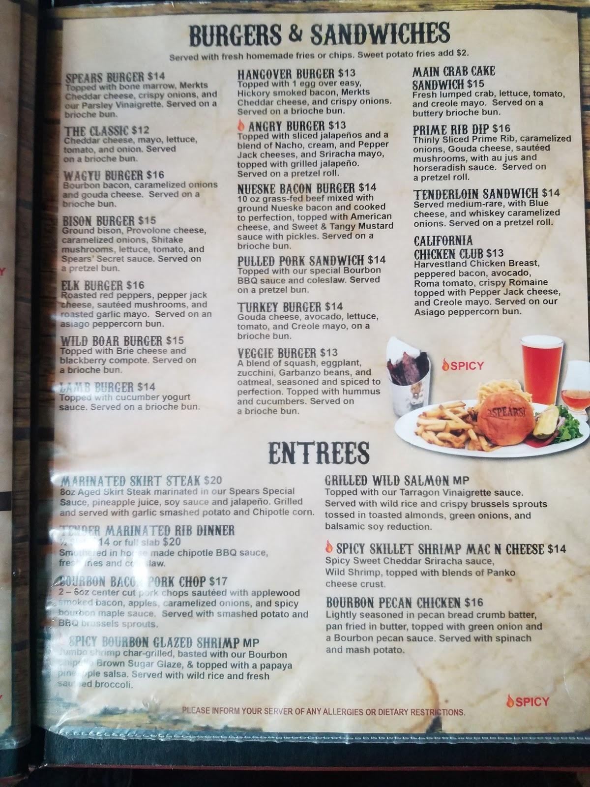 Menu at Spears Bourbon Burgers Beer pub & bar, Wheeling