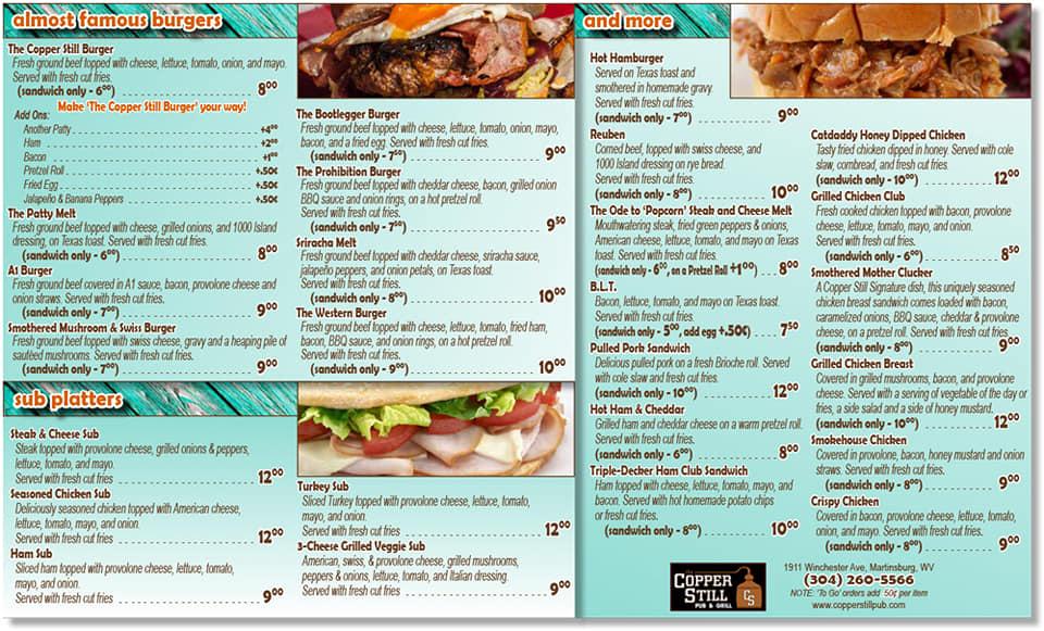 Menu at The Copper Still Pub & Grill, Martinsburg