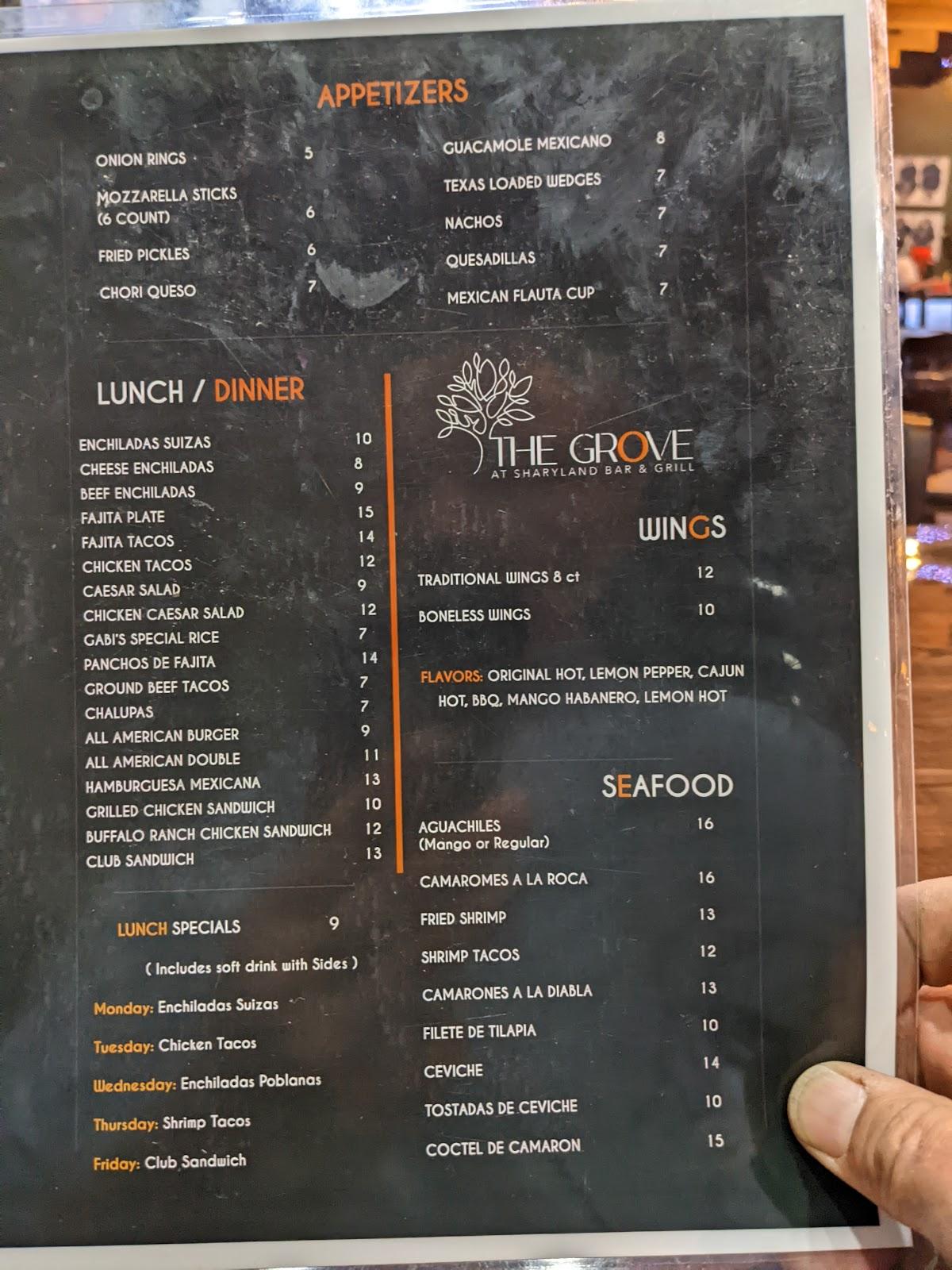 Menu at The Grove At Sharyland Bar & Grill, Mission