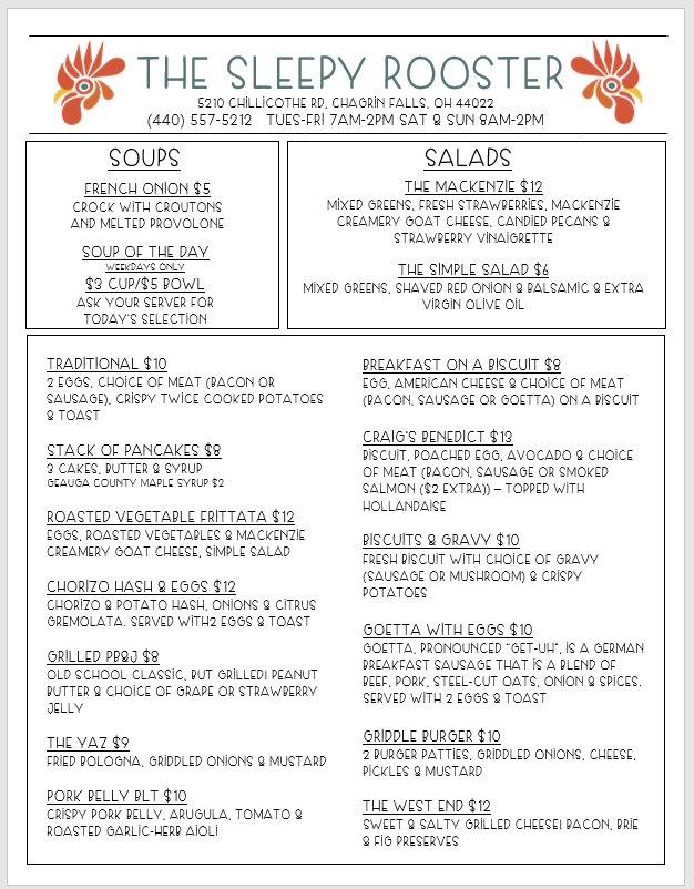 Menu at The Sleepy Rooster restaurant, South Russell
