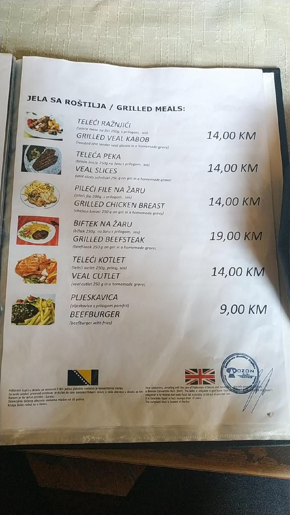 Menu at VLAŠIĆKA KOLIBA restaurant, Šišava
