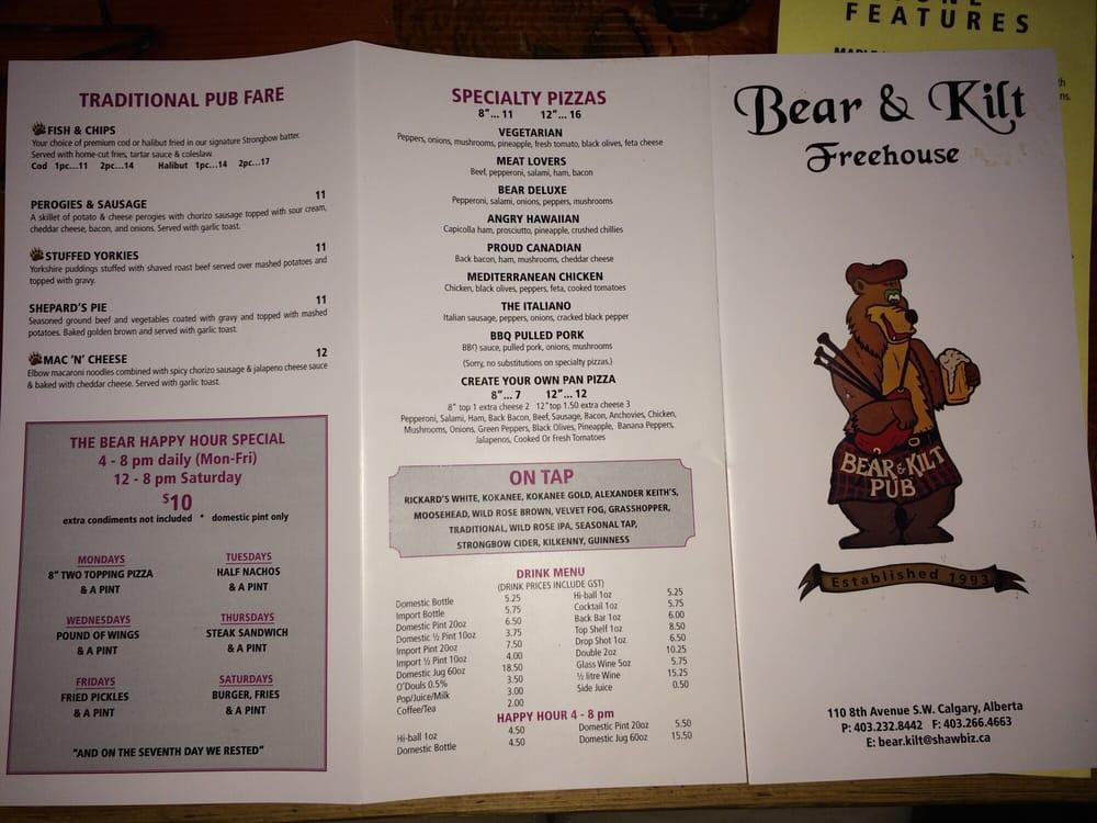 Menu at Bear & Kilt Freehouse pub & bar, Calgary
