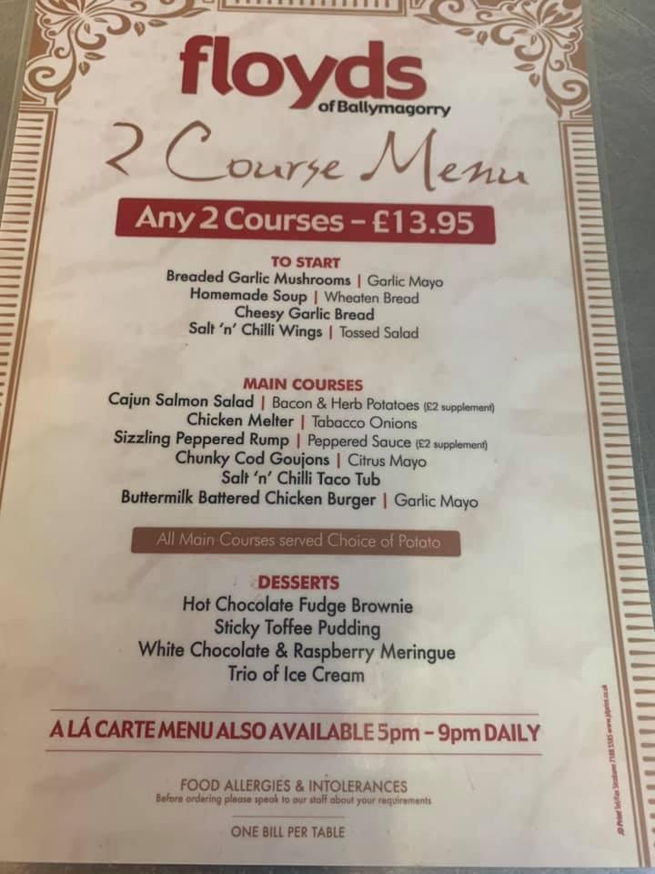 Menu at Floyds restaurant, Strabane
