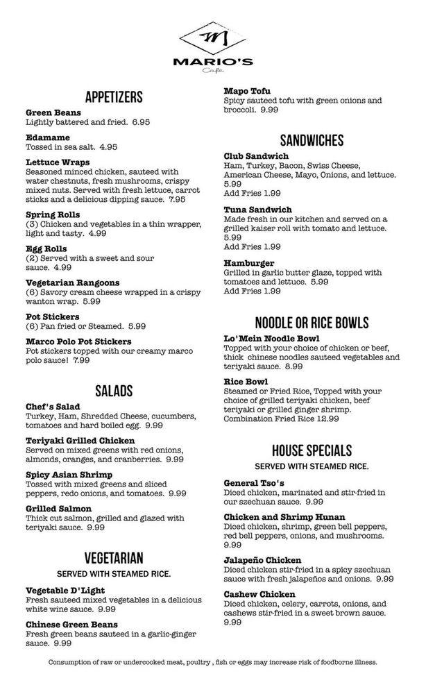 Menu at Mario's Cafe, Holly Lake Ranch