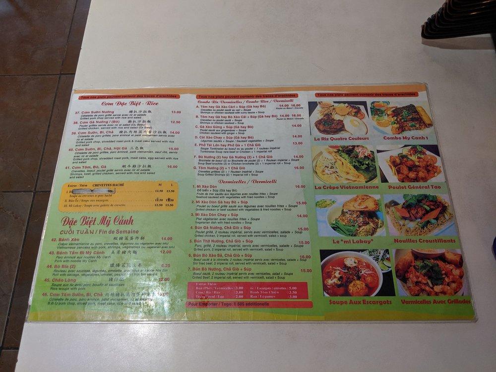 Menu at Mỹ Cảnh restaurant, Montréal