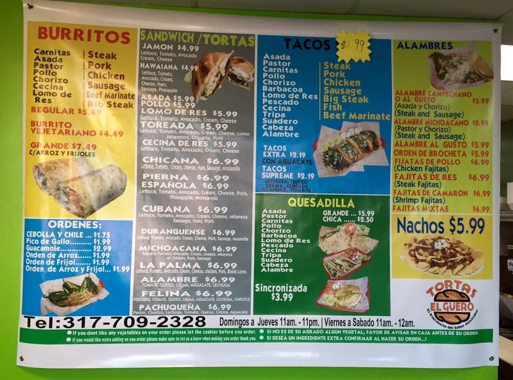 Menu at Tortas El Guero restaurant, Indianapolis, 3818 N High School Rd
