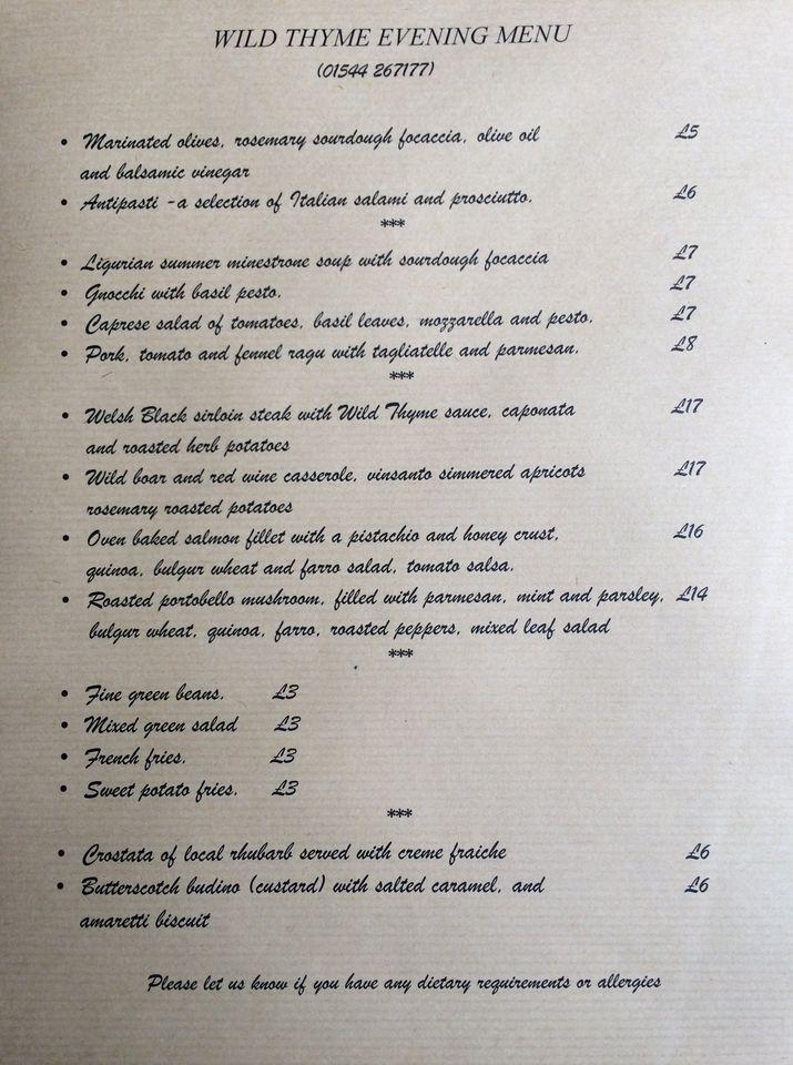 Menu at Wild Thyme Italian restaurant, Presteigne