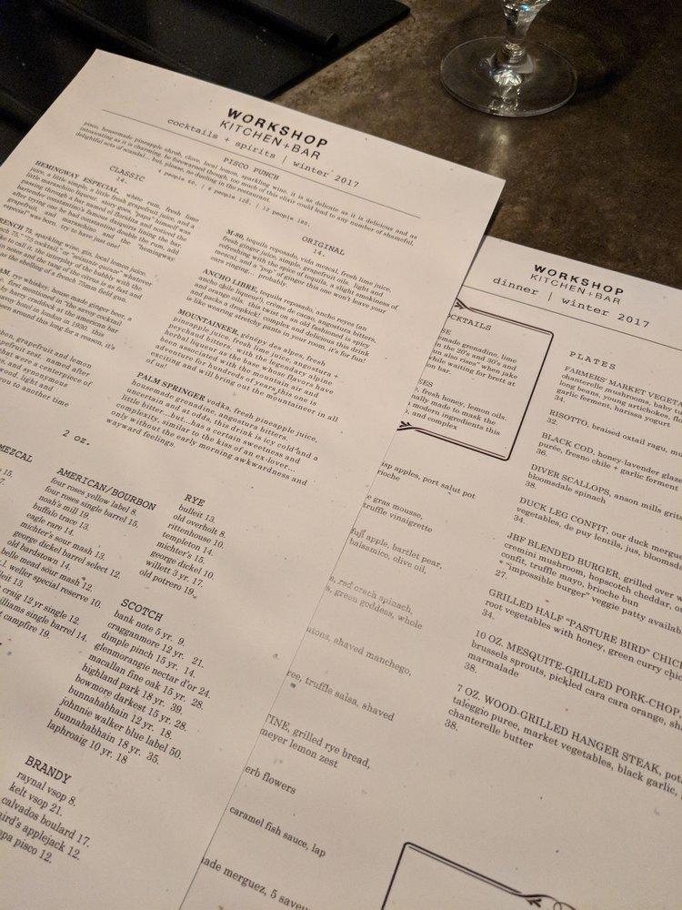 Menu at Workshop Kitchen & Bar, Palm Springs
