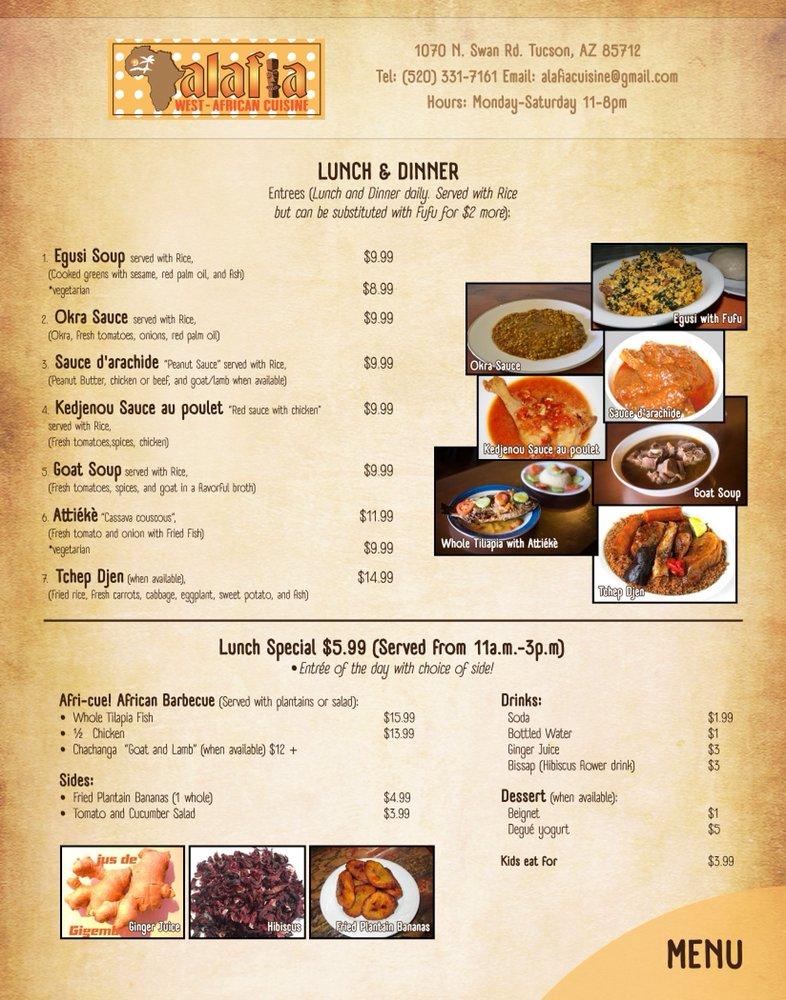 Menu at Alafia West African Cuisine Beninese Restaurant, Tucson, N Swan Rd