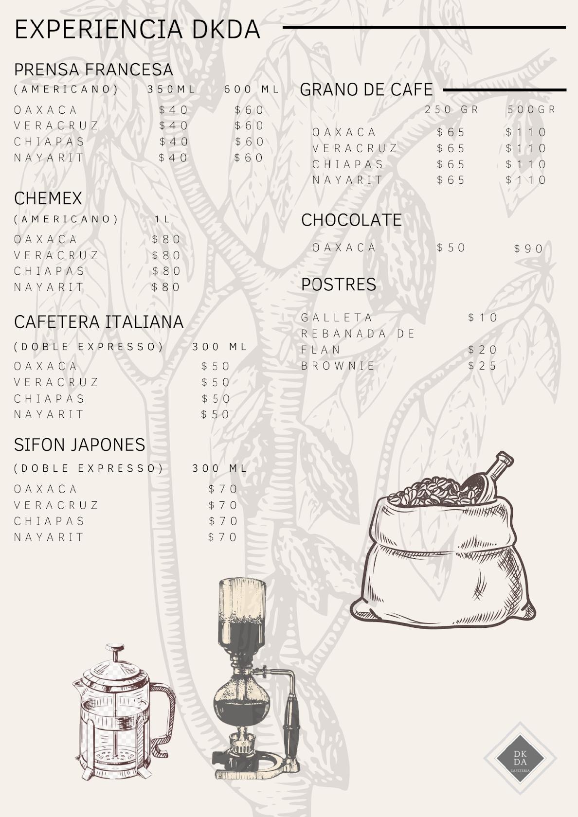 Menu at DKDA Cafetería, Pabellón de Arteaga