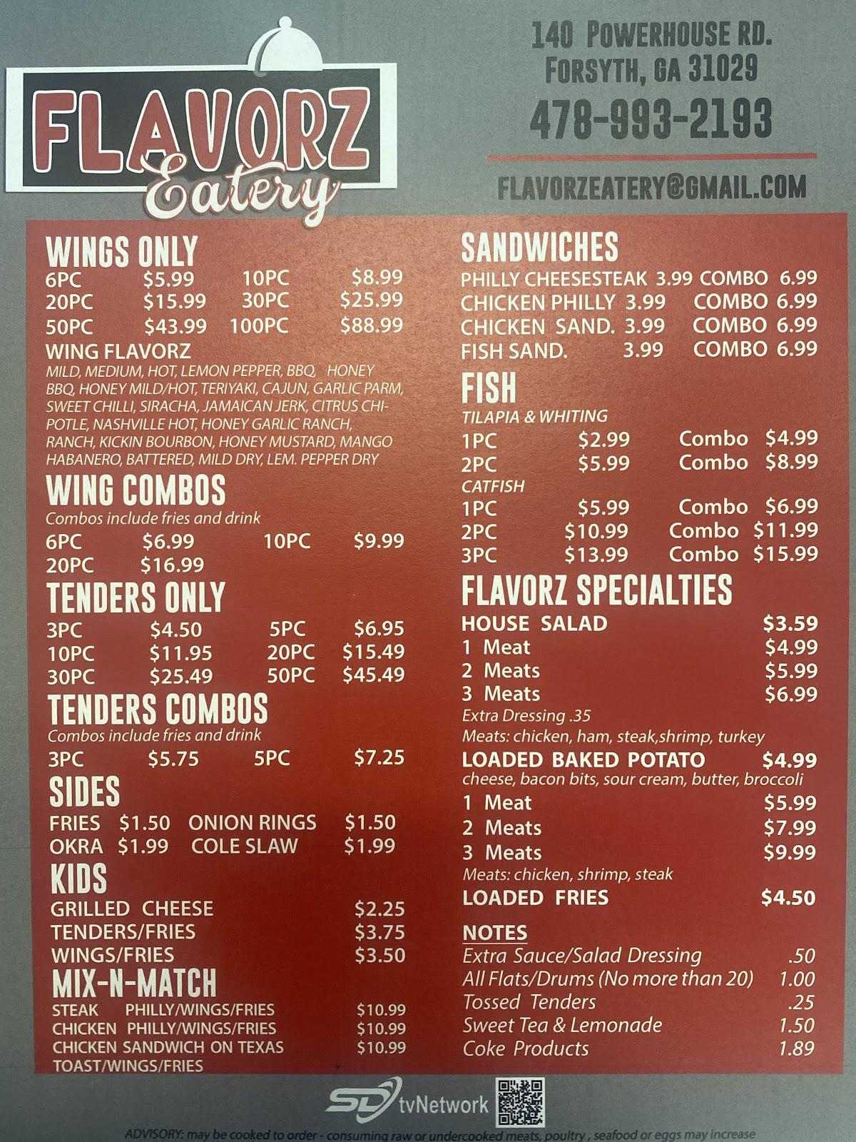 Menu at Flavorz Eatery restaurant, Forsyth