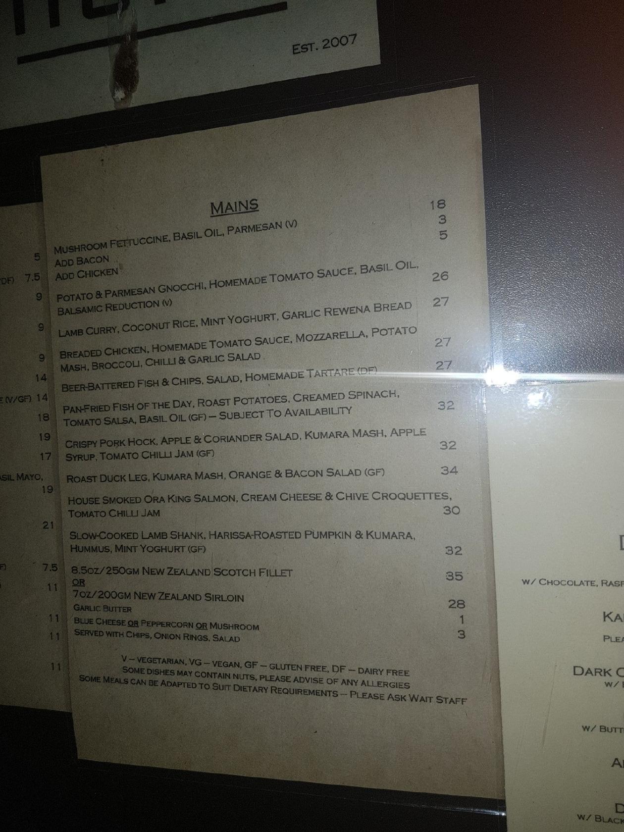 Menu at HUHU Cafe, Waitomo