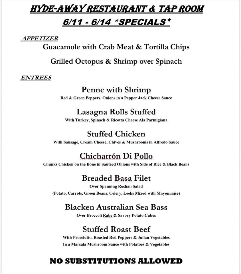 Menu at Hyde-Away Restaurant & Tap Room, Fredon Township