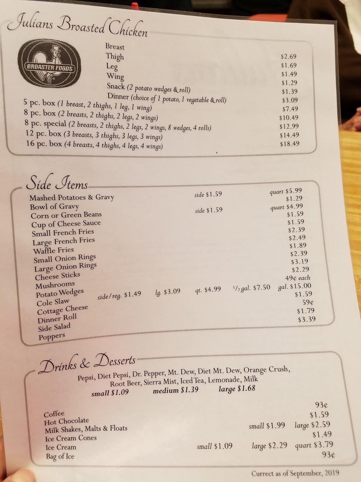 Menu at Julians Drive In fast food, Flora
