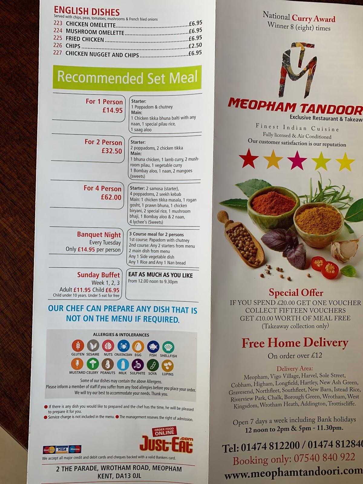 Menu at Meopham Tandoori restaurant, Meopham
