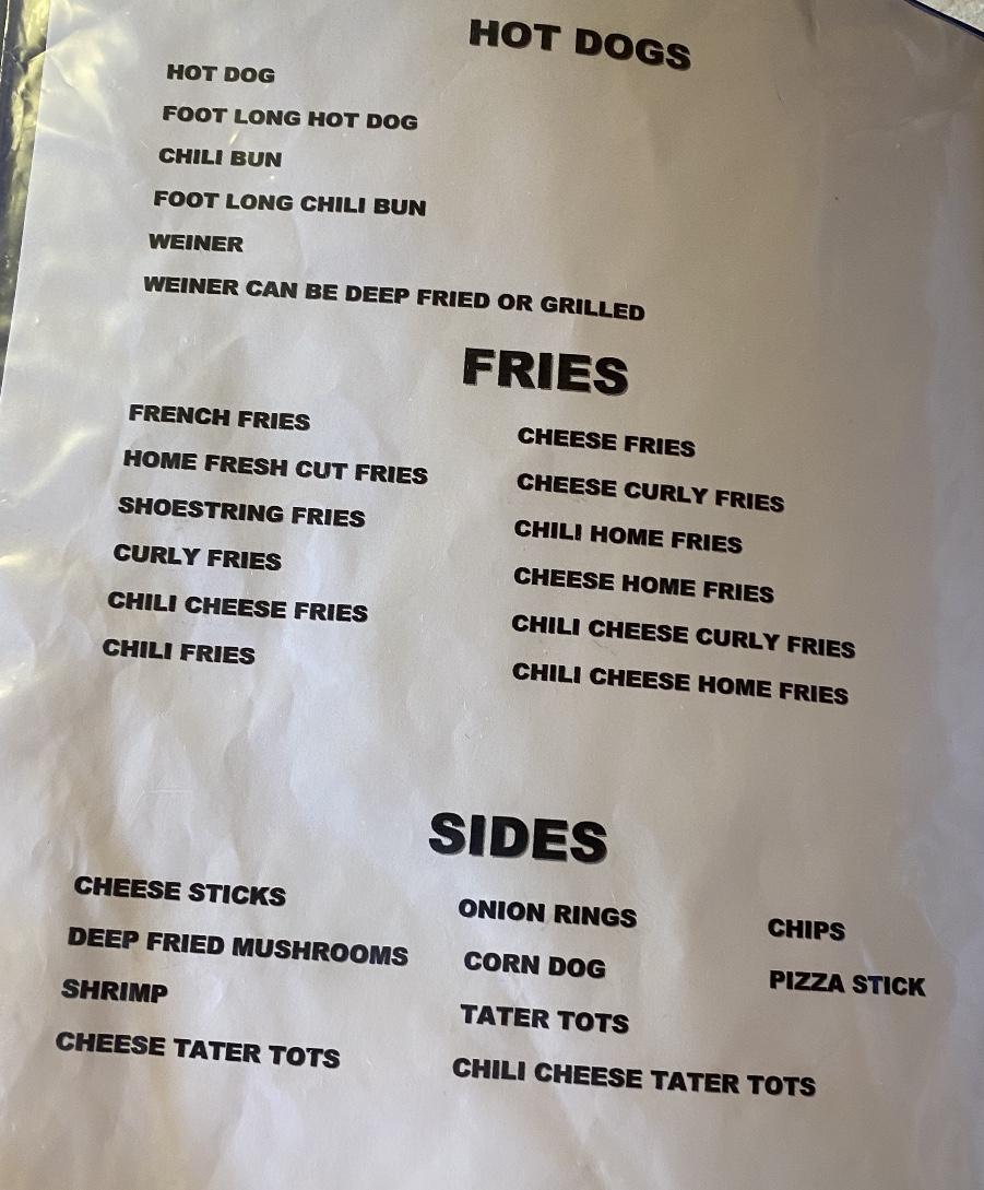 Menu at Mustang II restaurant, Pikeville