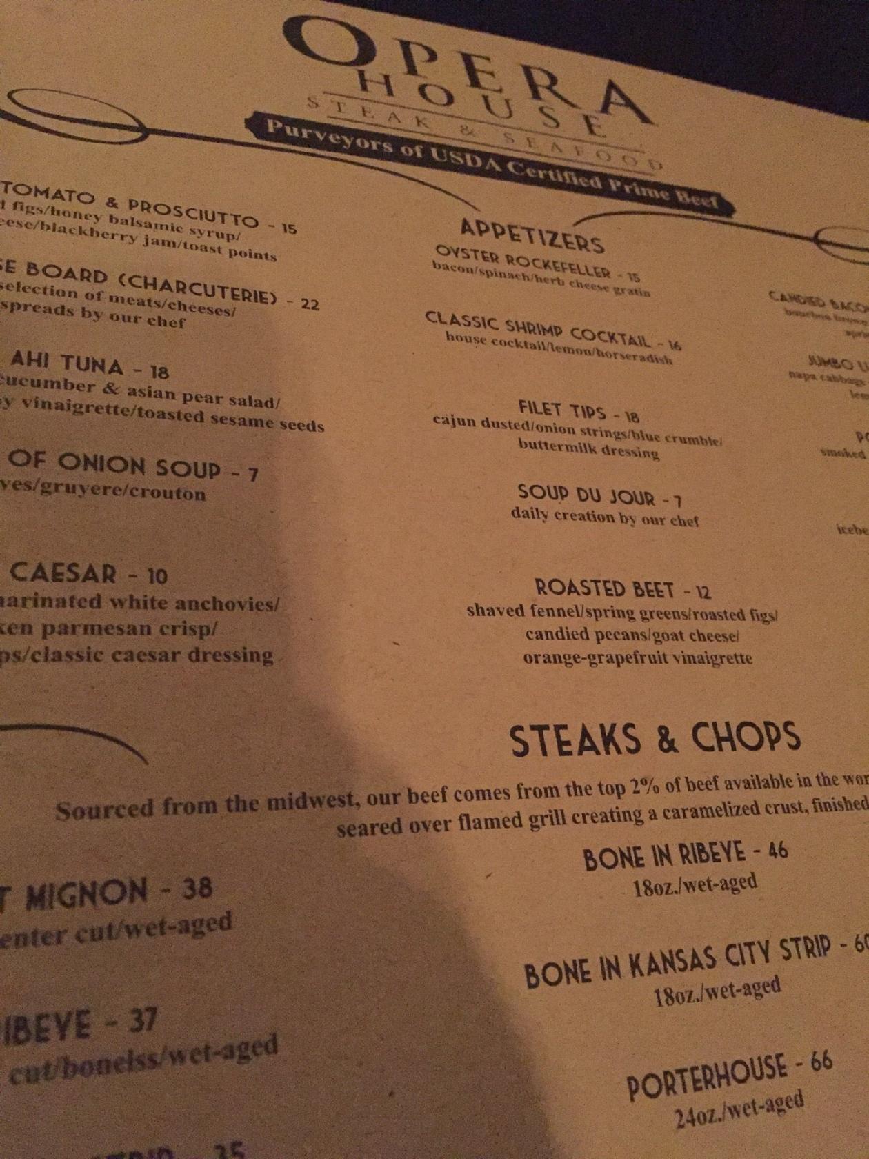 Menu at Opera House Steak & Seafood pub & bar, Plainfield