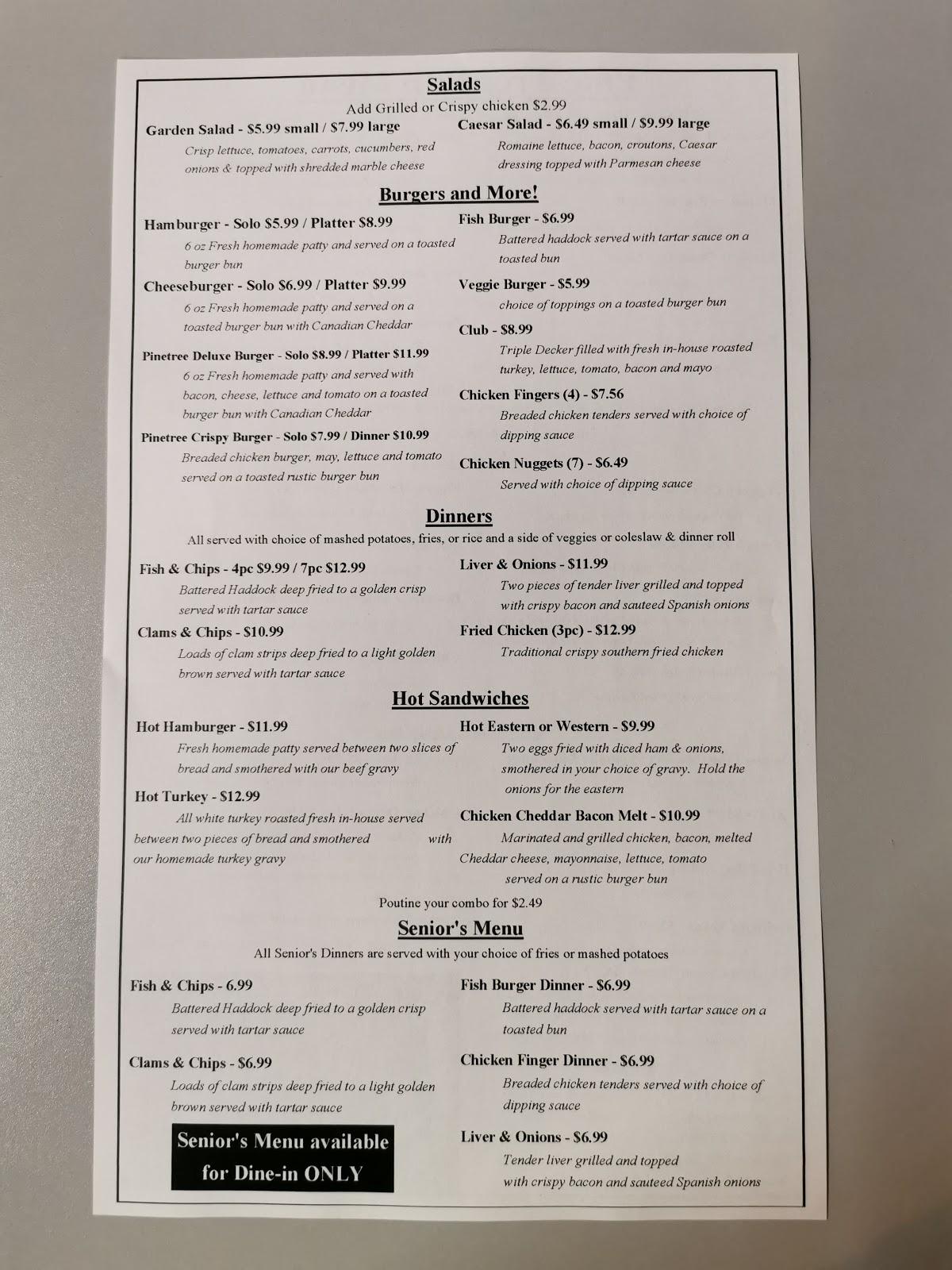 Menu at Pine Tree Bar & Grill, Fredericton, 185 Gabriel Dr