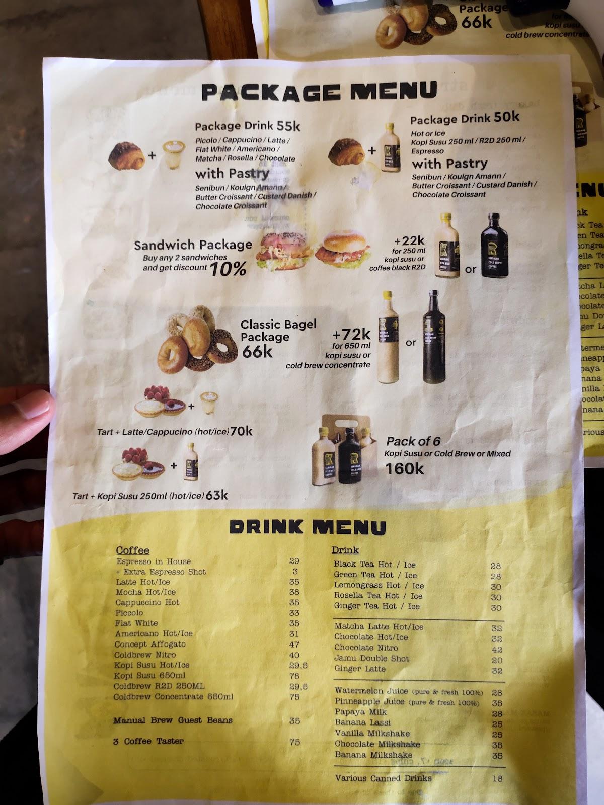 Menu at Seniman Coffee cafe, Ubud
