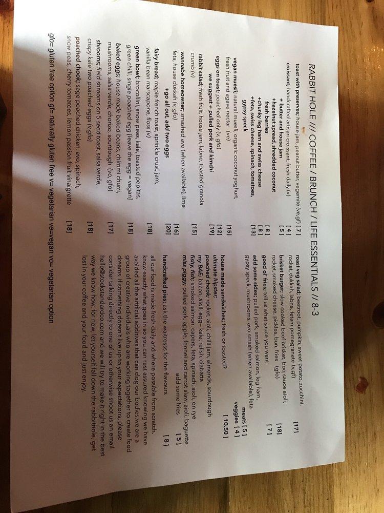 Menu at The Rabbithole cafe, Darwin City