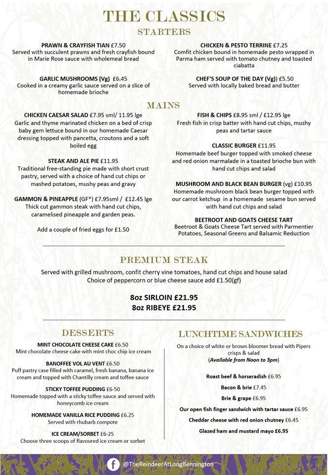 Menu at The Reindeer at Long Bennington pub & bar, Long Bennington