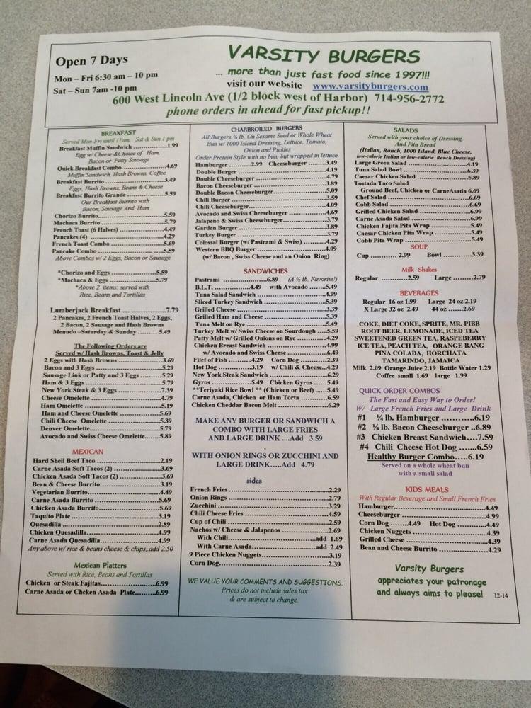 Menu at Varsity Burgers fast food, Anaheim