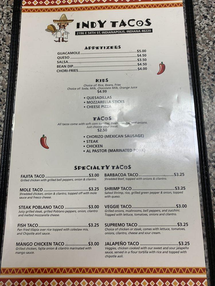 Menu at Indy Tacos restaurant, Indianapolis