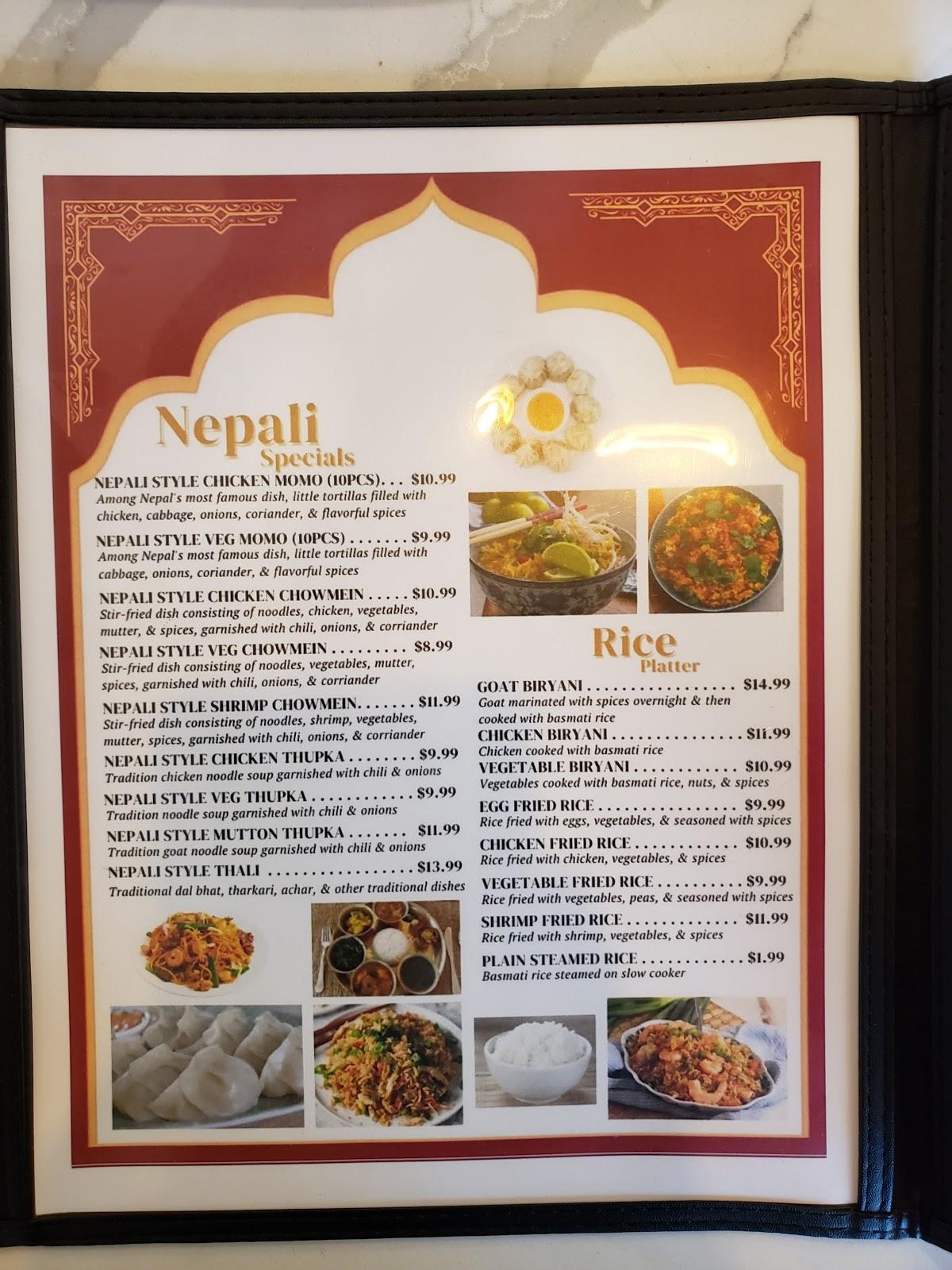Menu at Taste of Nepal restaurant, Saint Paul