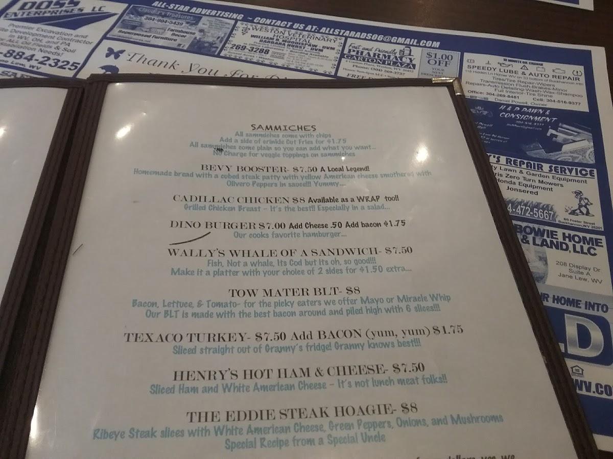 Menu at The Service Station pizzeria, Jane Lew