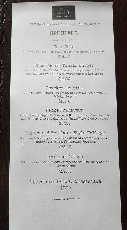 Menu at Zin GastroPub, Lake Zurich