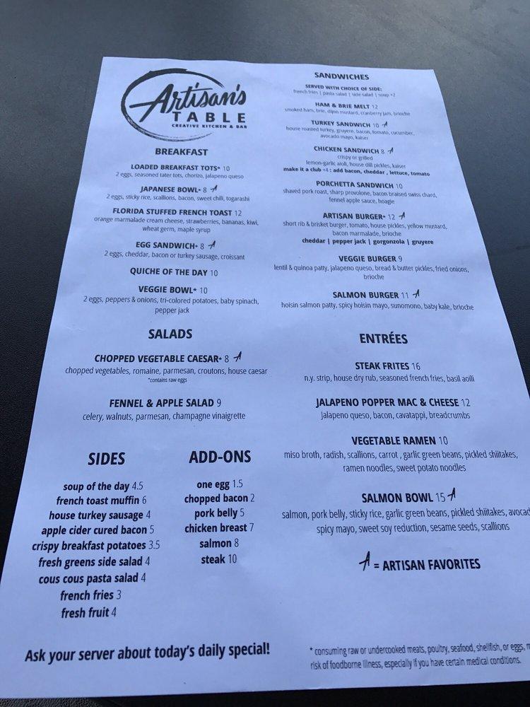 Menu at Artisan's Table restaurant, Orlando