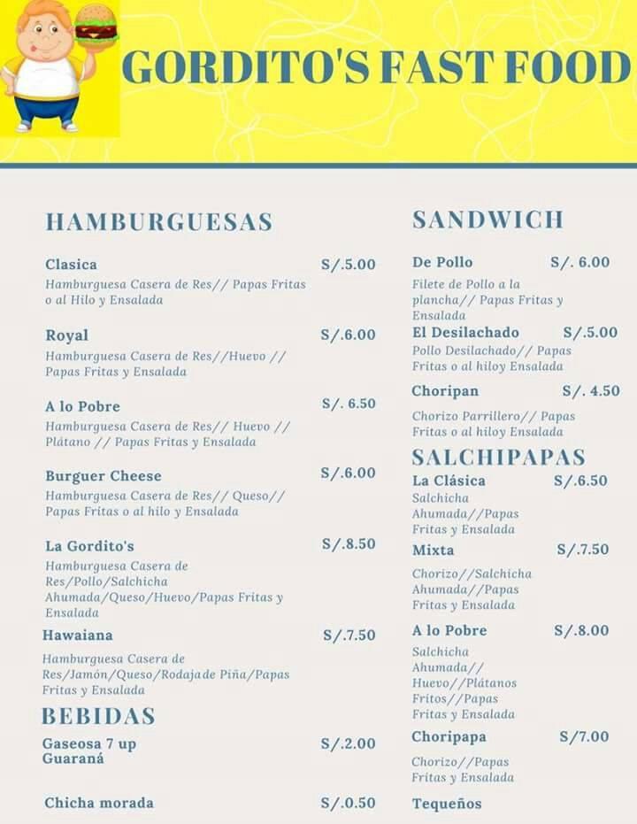 Menu at Gordito's Fast Food, Piura