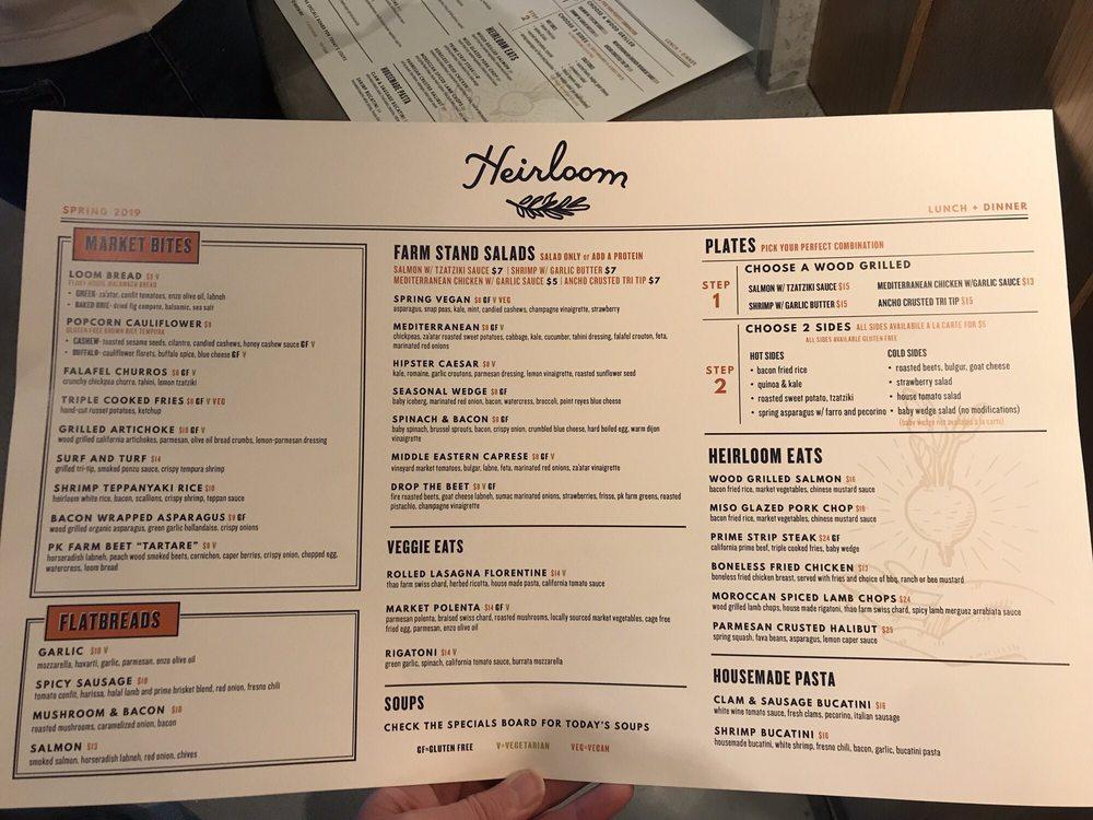 Menu at Heirloom restaurant, Fresno