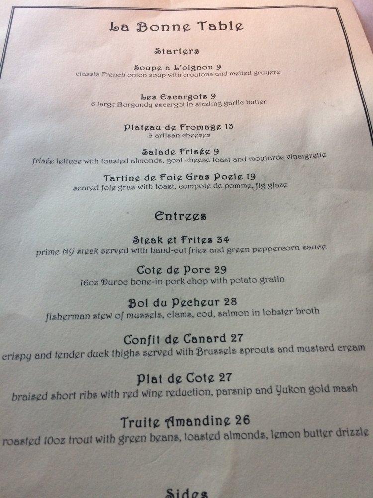 Menu at La Bonne Table restaurant, San Diego