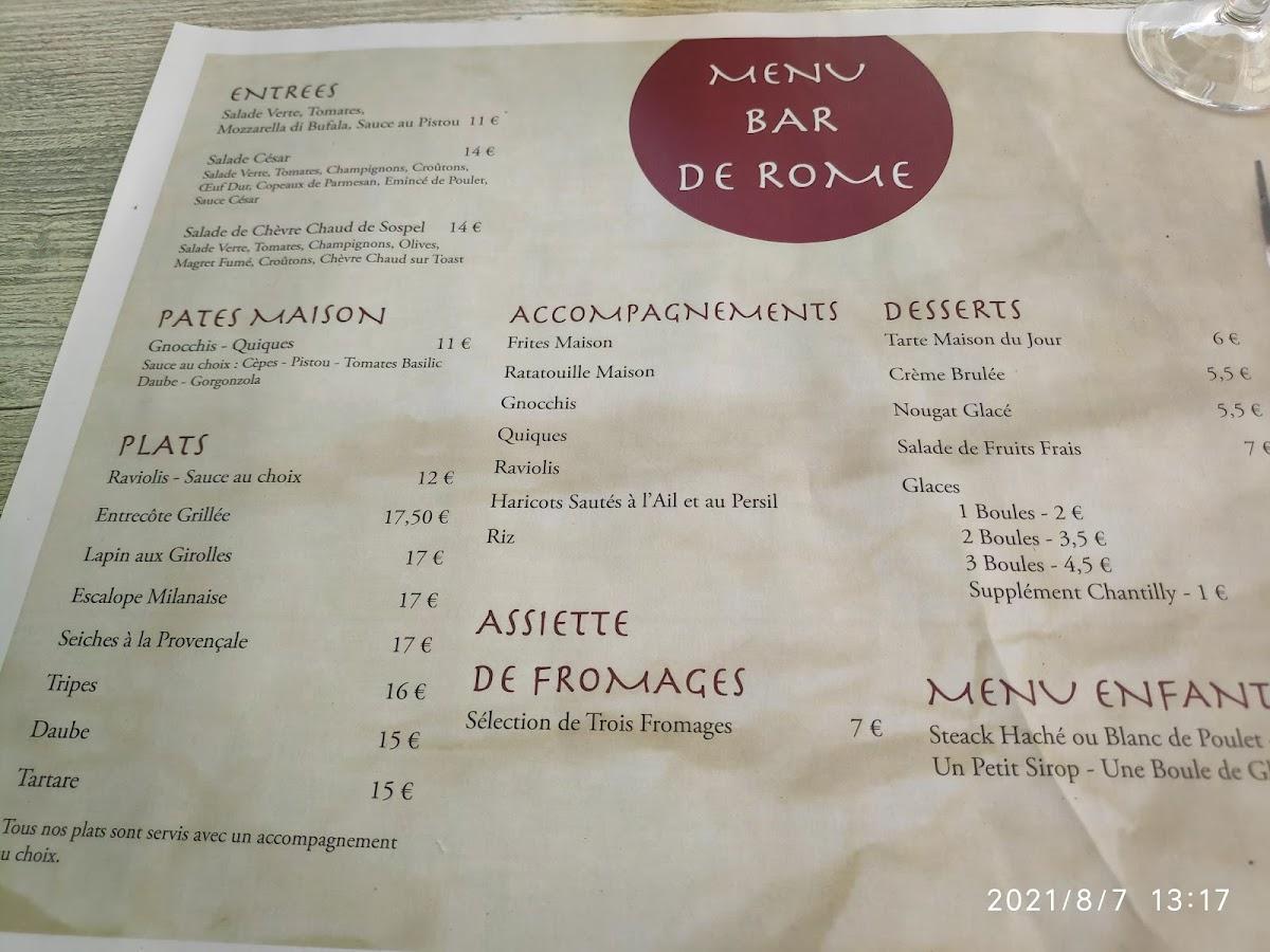 Menu au Le Bar de Rome, Sospel
