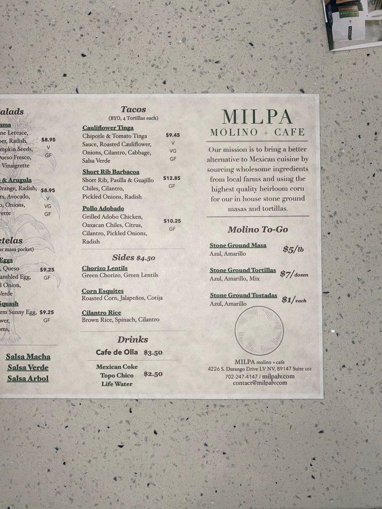 Menu at Milpa restaurant, Las Vegas