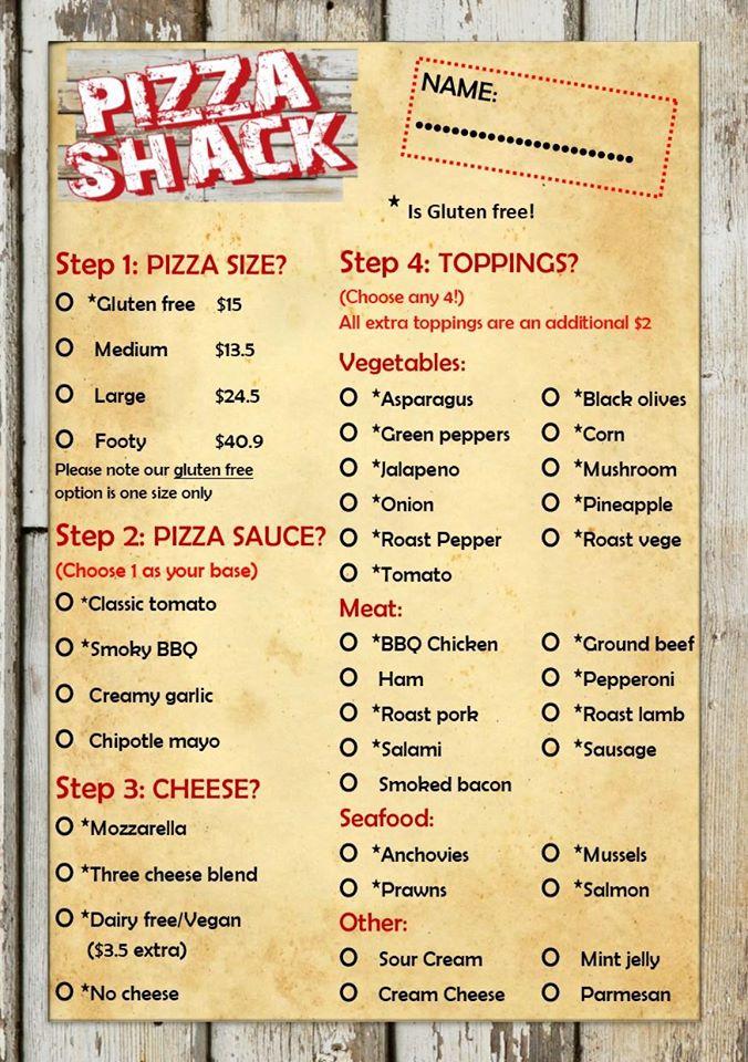 Menu at PIZZA SHACK pizzeria, Paihia