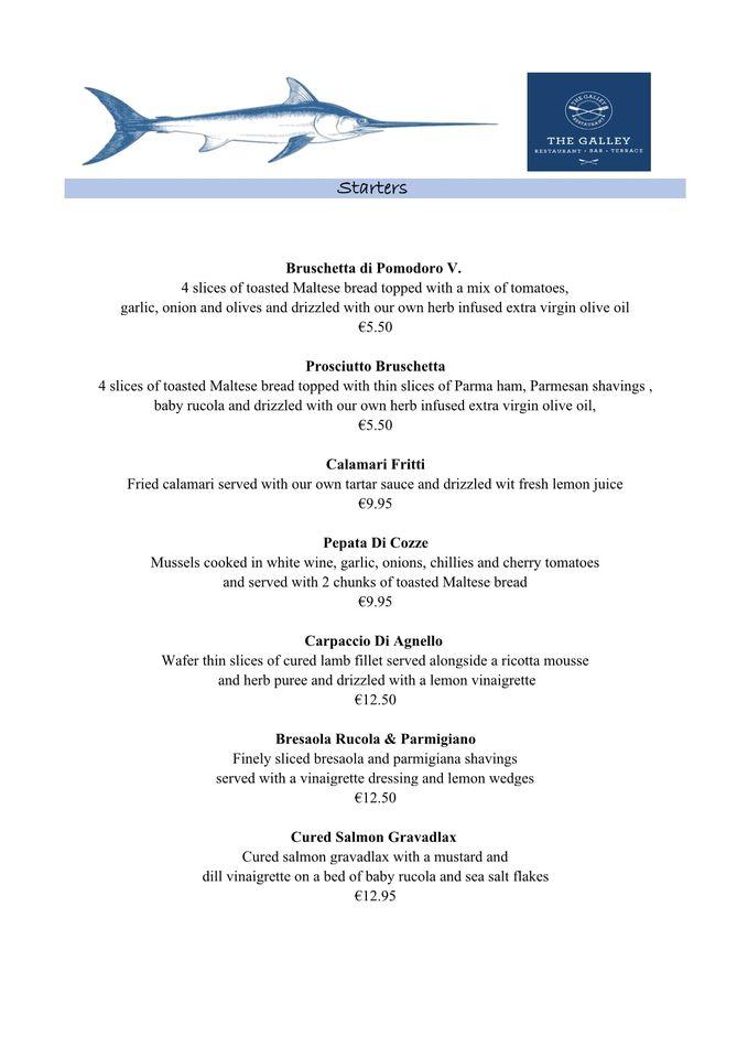 Menu at The Galley restaurant, Ta' Xbiex