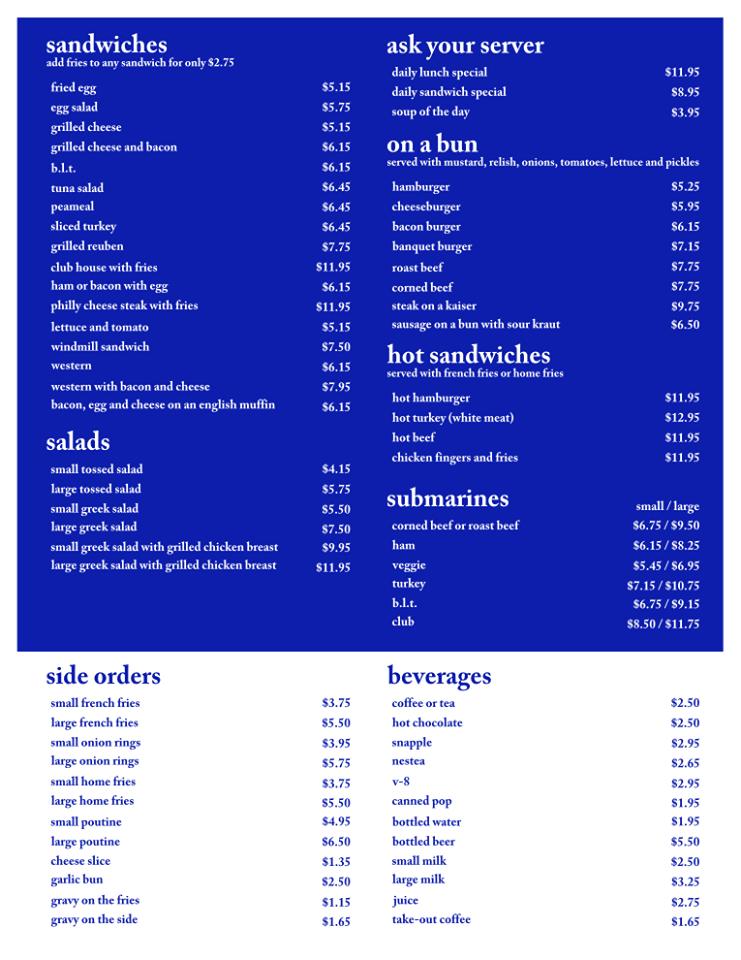 Menu at Windmill Restaurant, Burlington