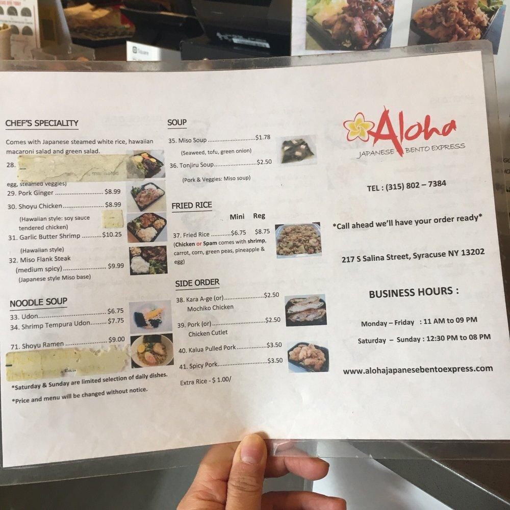 Menu at Aloha Japanese Bento restaurant, Syracuse