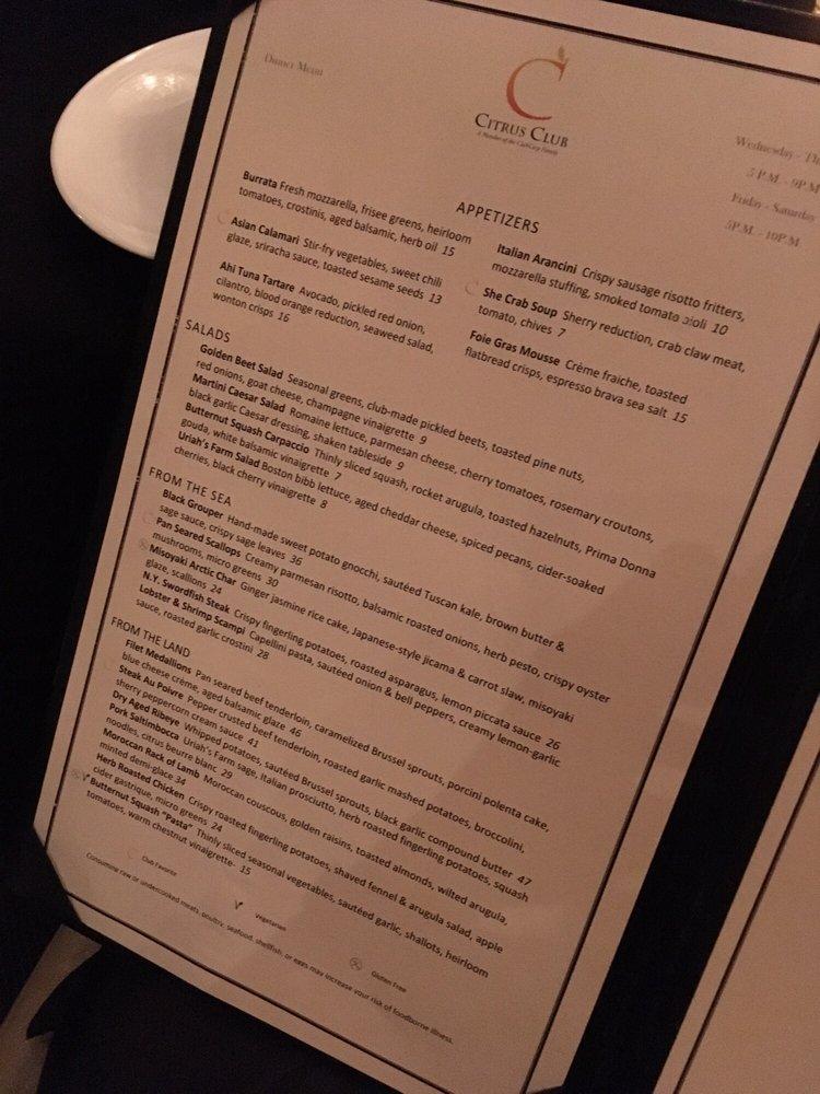 Menu at Citrus Club, Orlando