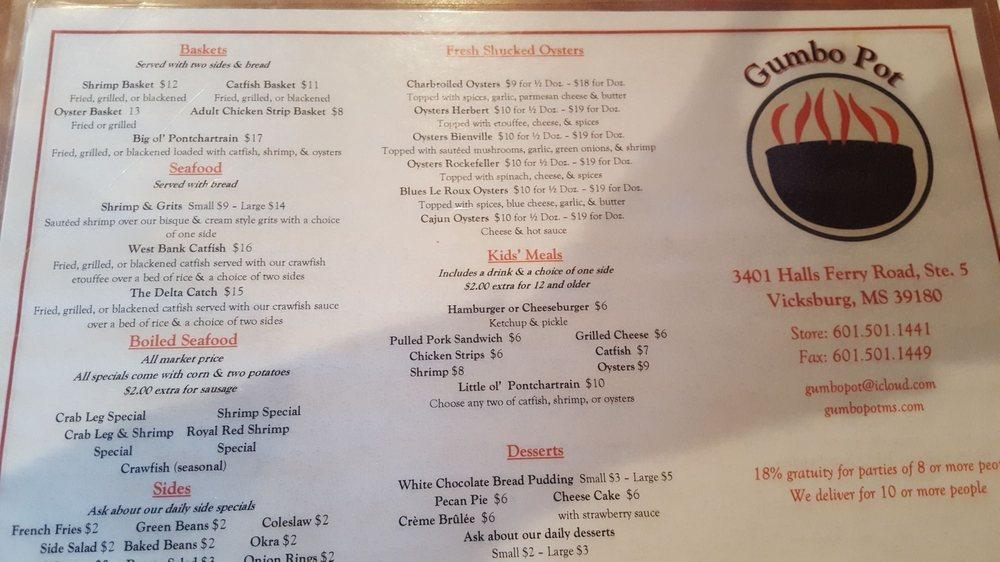 Menu at Gumbo Pot restaurant, Vicksburg