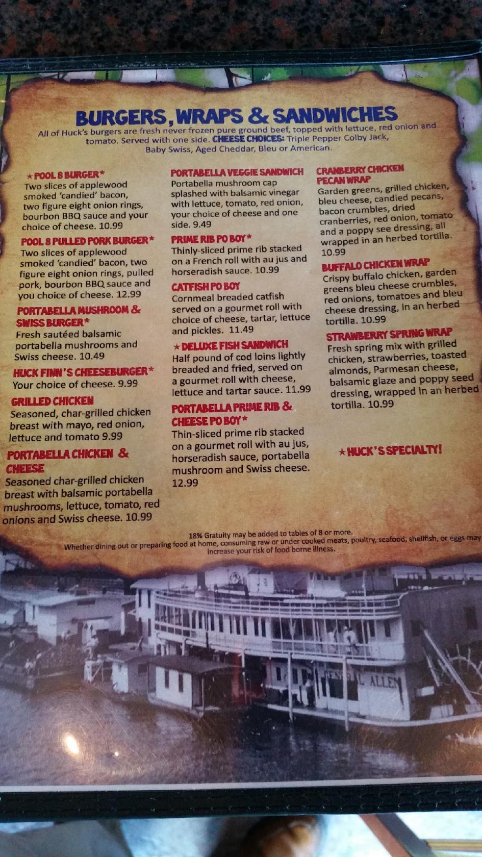 Menu at Huck Finn's On the Water restaurant, La Crosse