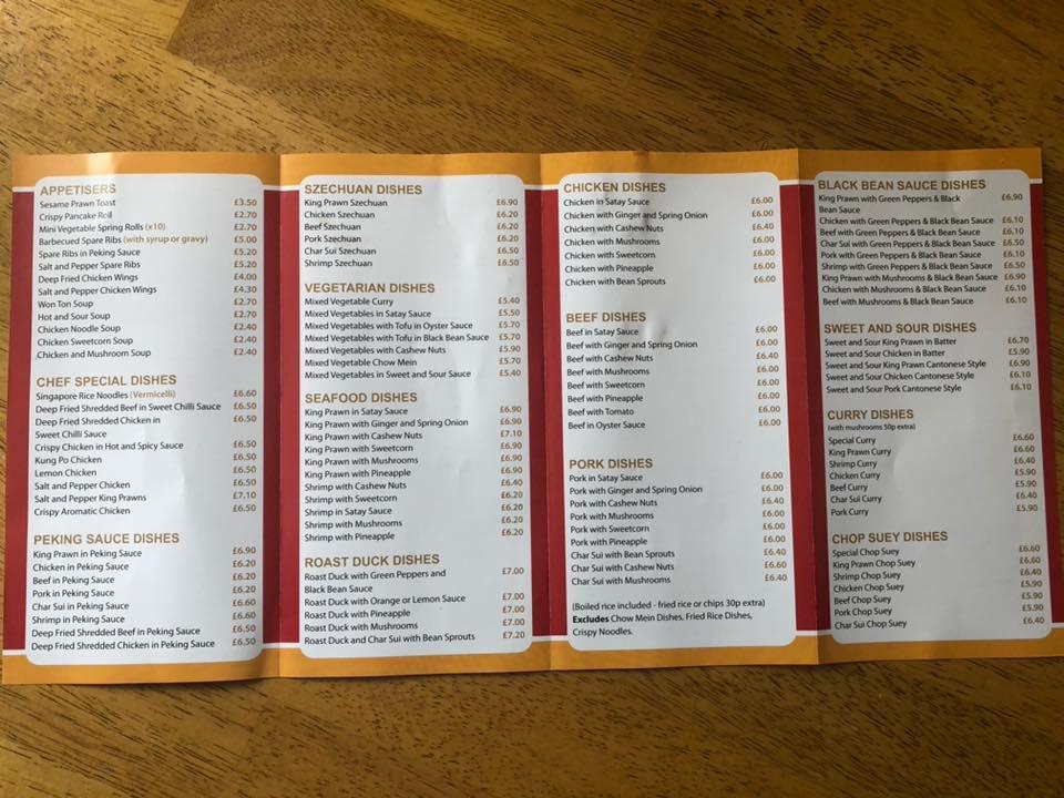 Menu at Lee's Chinese restaurant, Dundee