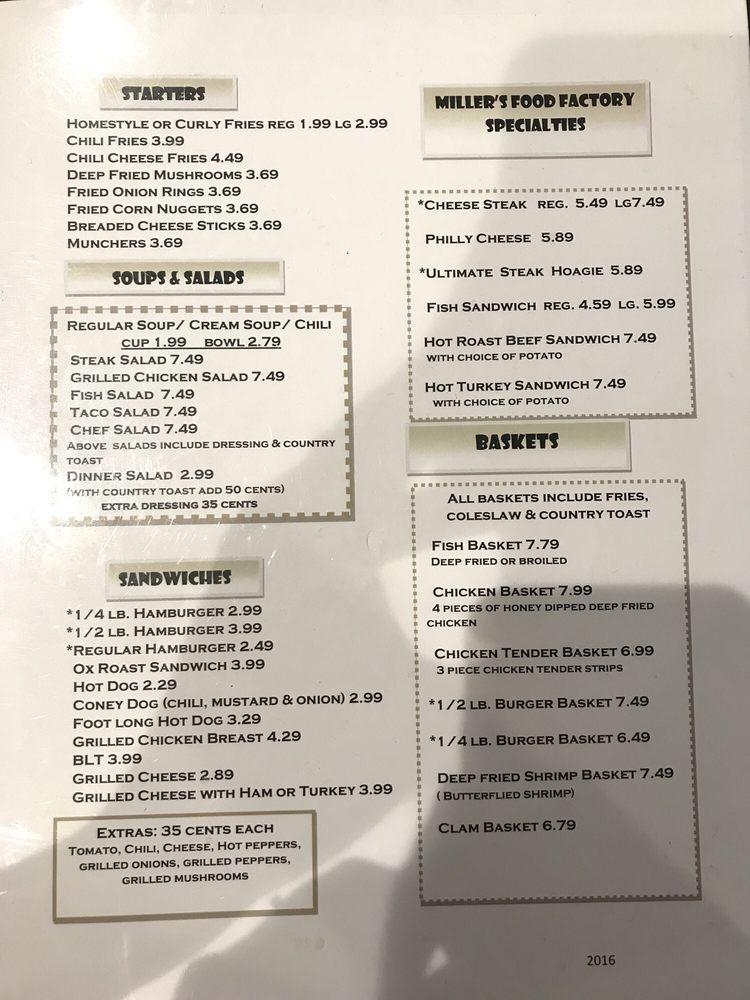 Menu at Miller's Food Factory restaurant, Conneaut Lake