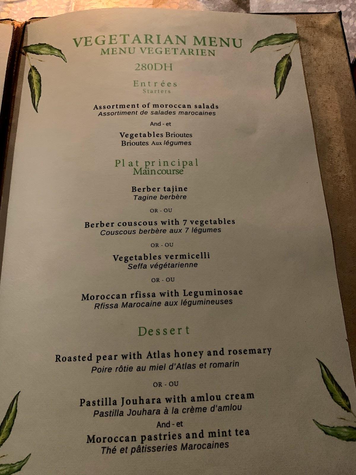 Menu at Restaurant Le Medina Privilege, Marrakesh