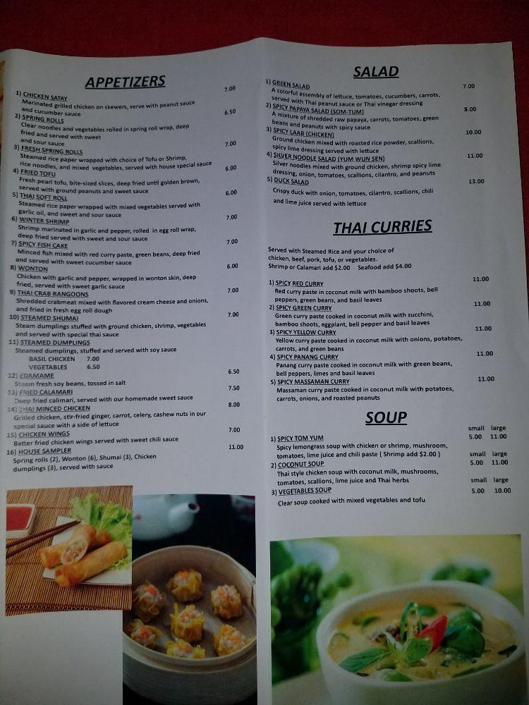 Menu at Thai Castle restaurant, Carmel
