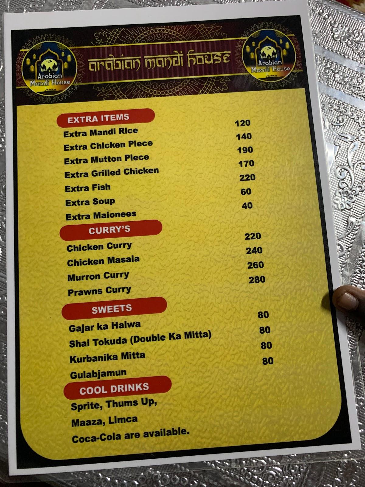 Menu at Arabian Mandi House, Nalgonda