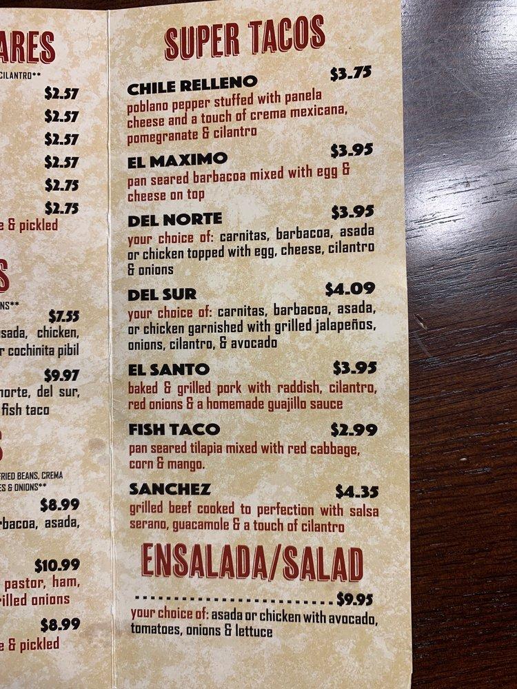 Menu at Del Sur Tacos restaurant, Dallas, 720 E Jefferson Blvd