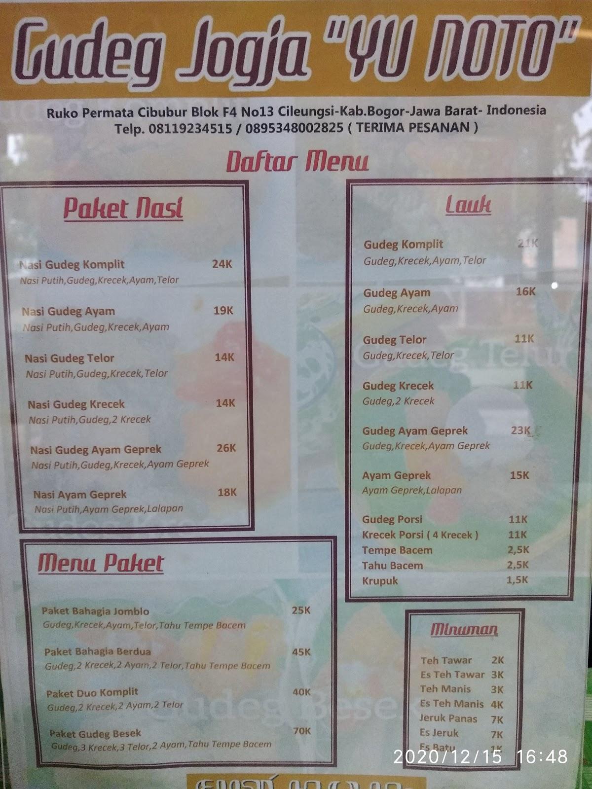 Carta del restaurante GUDEG JOGJA YU NOTO PERMATA, Indonesia